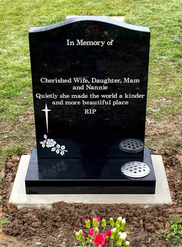 Black Granite Ogee Headstone with Star Cross and Rose Design - Memorial ...