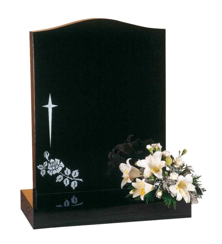 Black Granite Ogee Headstone with Star Cross and Rose Design - Memorial ...