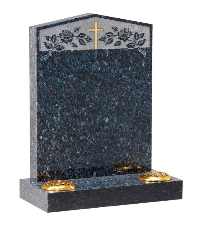 Blue Pearl Granite Headstone with Rose and Cross Design - Memorial ...
