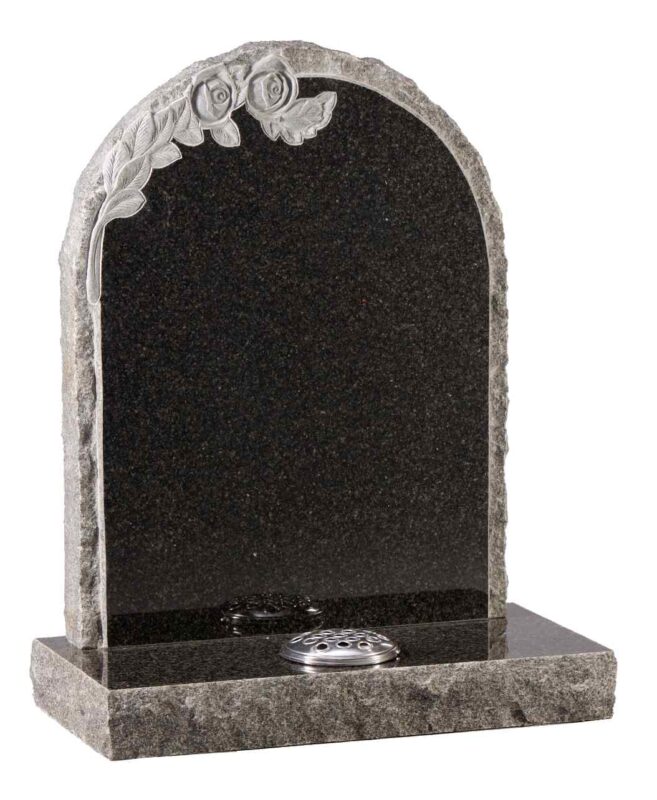 Dark Grey Granite Headstone with Natural Carved Roses and Rock Pitched ...