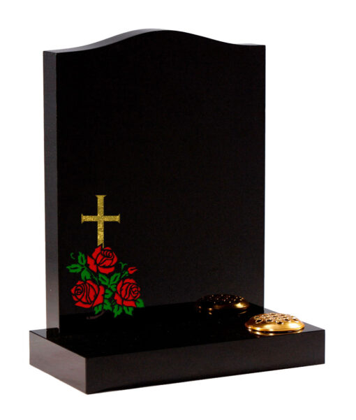 Black Granite Headstone Memorial with Rose and Cross Design - Memorial ...