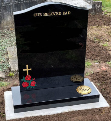 Black Granite Headstone Memorial with Rose and Cross Design - Memorial ...