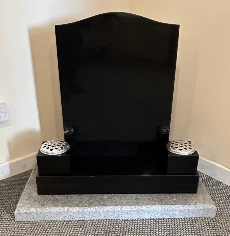 Black Granite Ogee Headstone on Oversized Base with two Black Granite ...