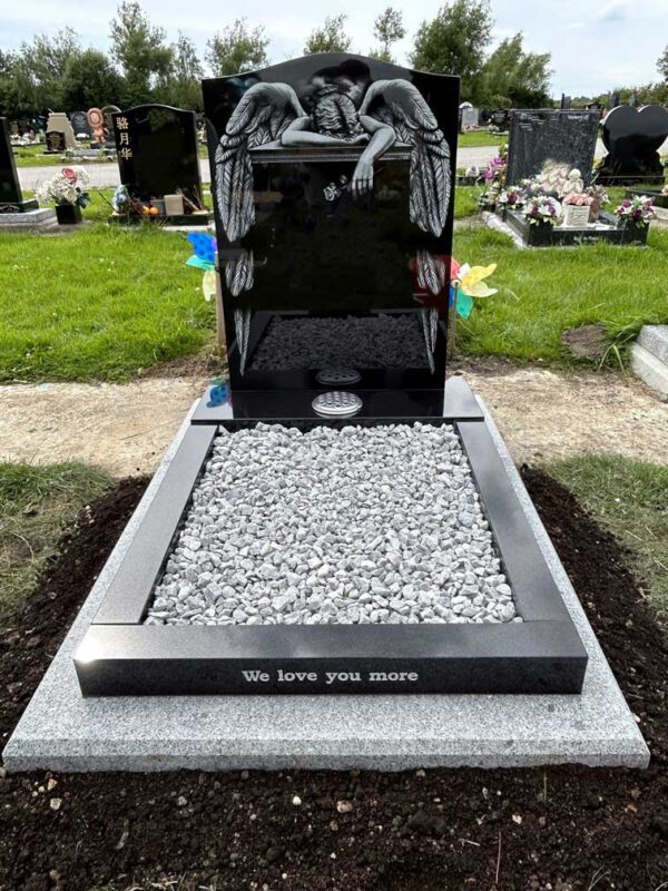 Black Granite Ogee Headstone with Small Kerbs and Optional Angel Design ...