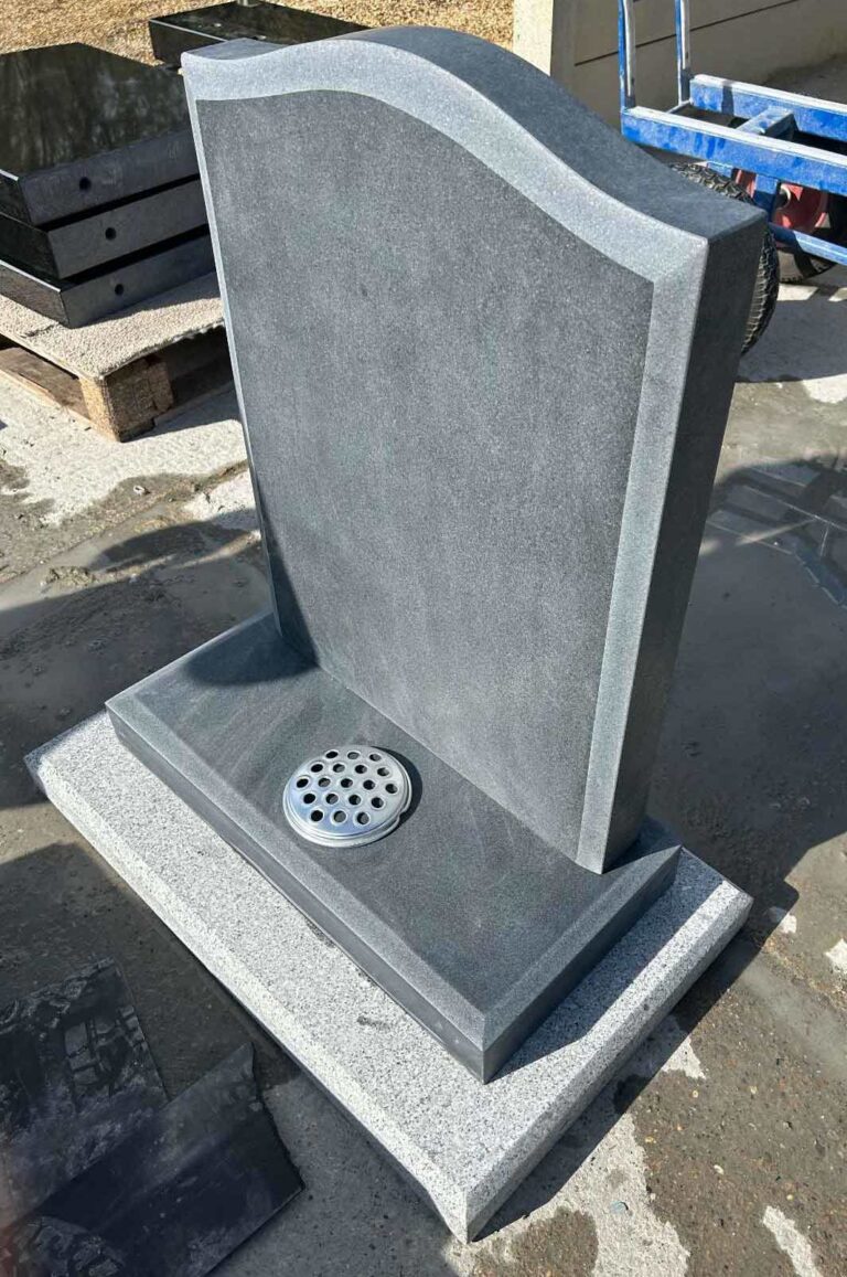 Honed Mid Grey Granite Ogee Headstone Memorial with Large Chamfered ...